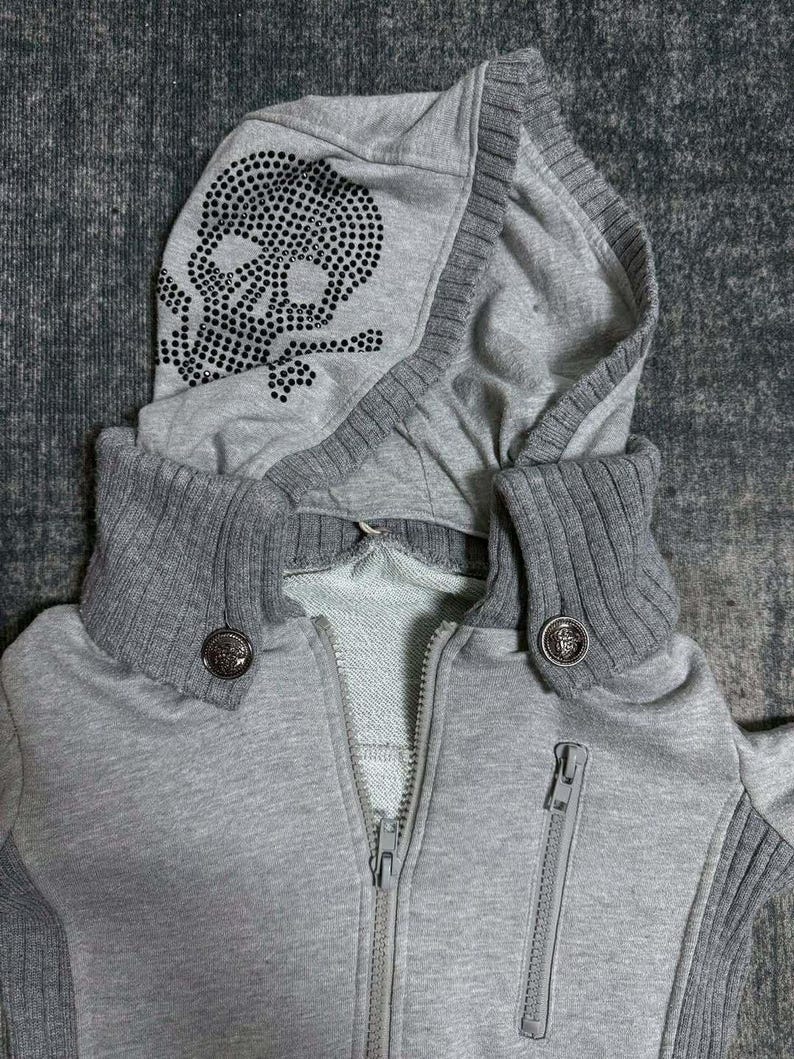 Gothic Skull Patchwork Hoodie – Gray Y2K Slim Fit Jacket - Etsy Australia
