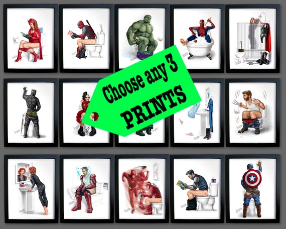 SET of 3 BATHROOM SUPERHEROES Bathroom Prints Toilet | Etsy
