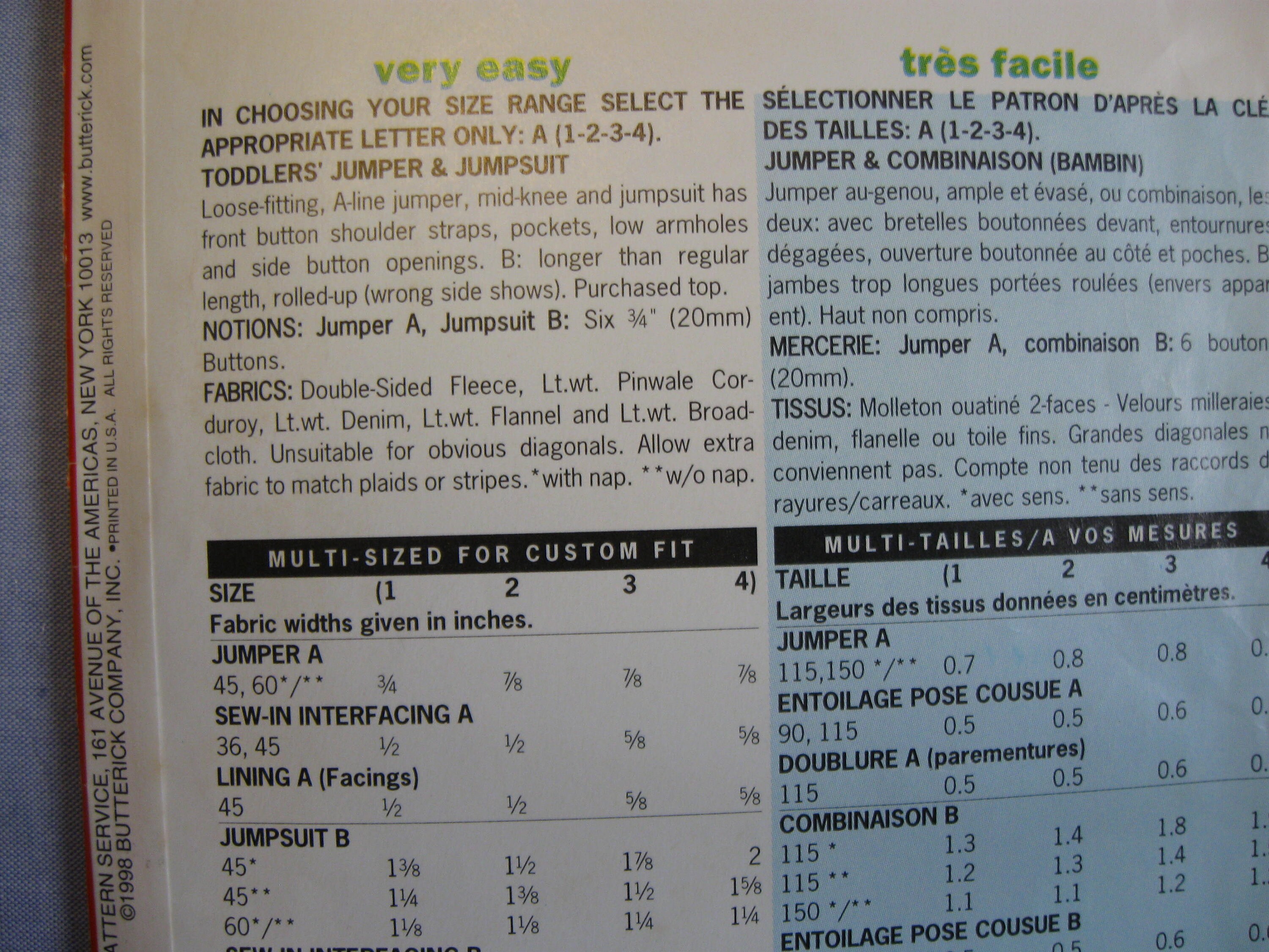 Butterick See and Sew 5807 Toddler's Jumper and Jumpsuit Size 1, 2, 3 ...