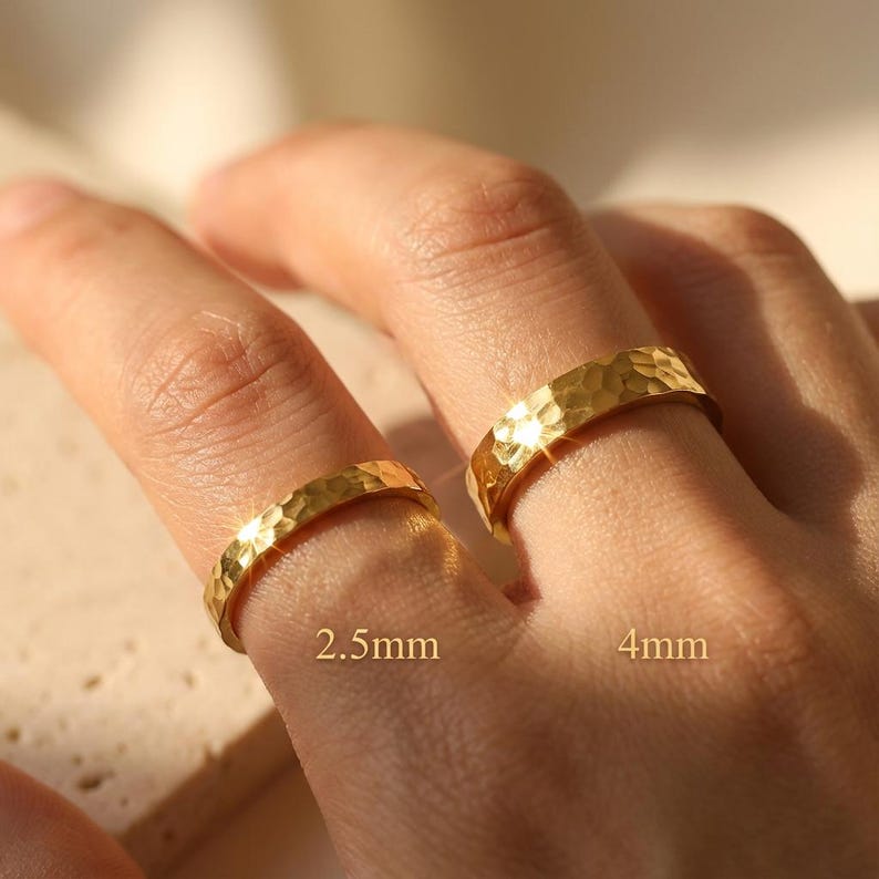 14K Gold Plated Hammered Ring, Dainty Minimalist Stacking Band, Thin ...