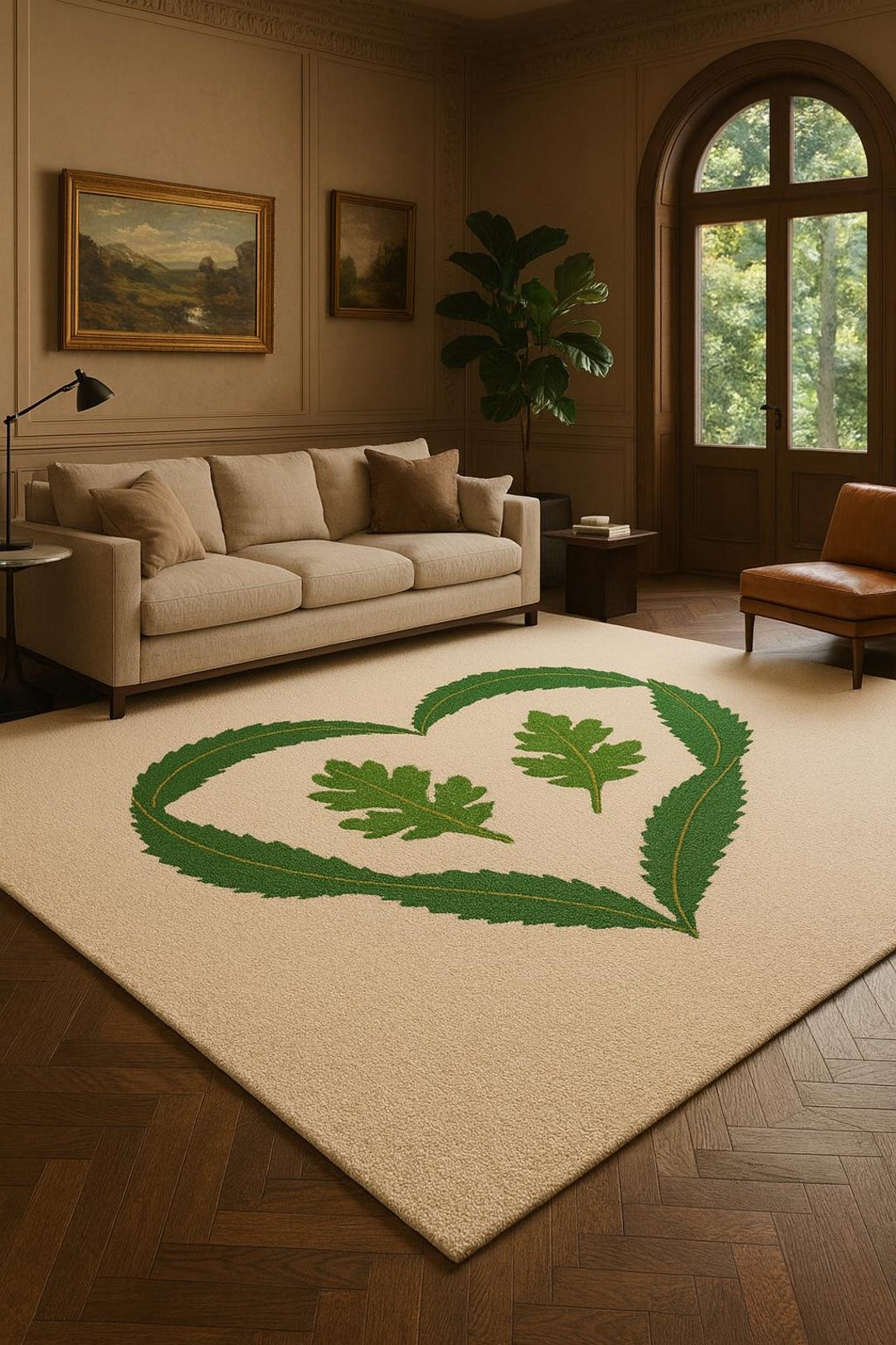 Hand-tufted Leaf Heart Rug – Green Botanical Design, Beige Area Carpet ...