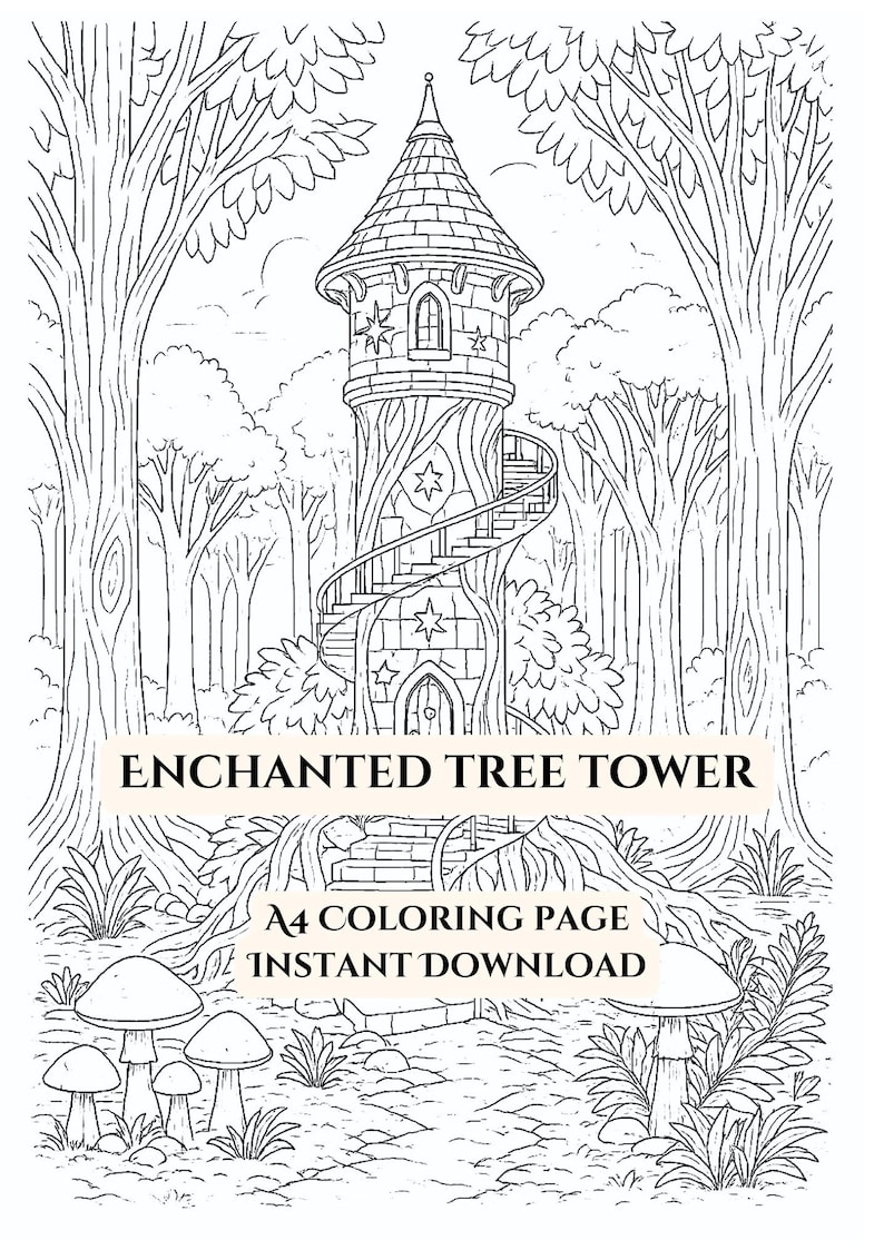 Fantasy Tree Tower Coloring Page | A4 Line Art (PDF Download) - Etsy