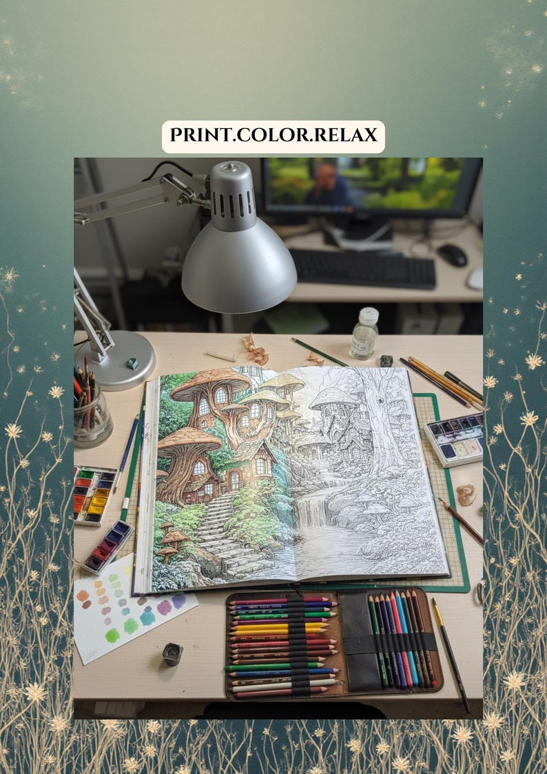 Dark Forest Mushroom House Coloring Pages | Woodland Village Art | Mini ...