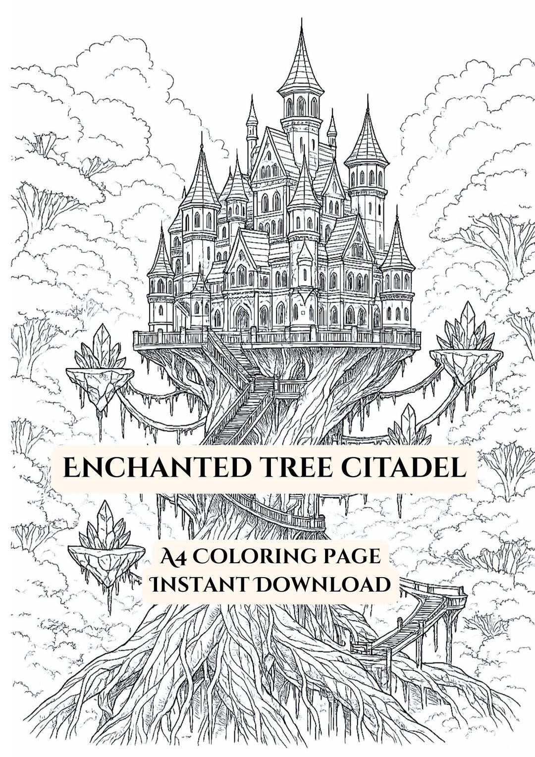 Fantasy Tree Citadel Coloring Page | A4 Line Art (PDF Download) - Etsy