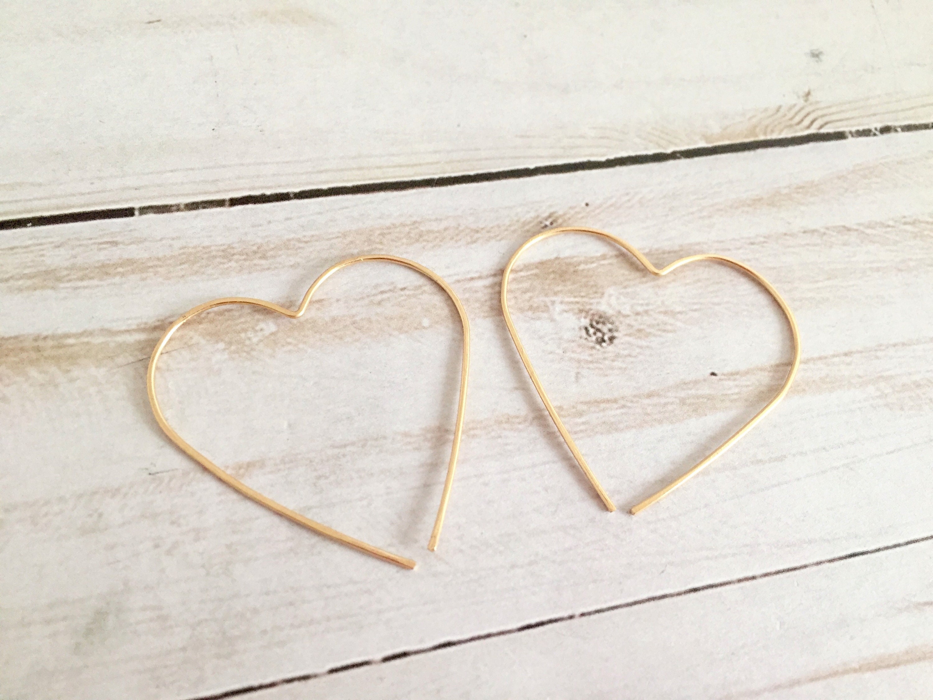 Thin Gold Threader Heart Earrings 14K Gold Heart Hoops Open | Etsy
