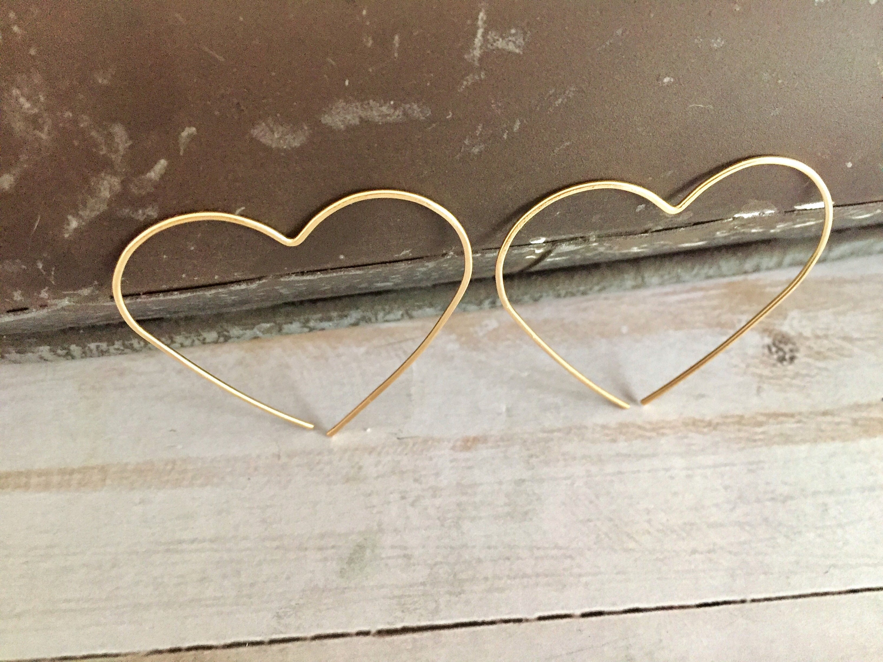 Thin Gold Threader Heart Earrings 14K Gold Heart Hoops Open | Etsy