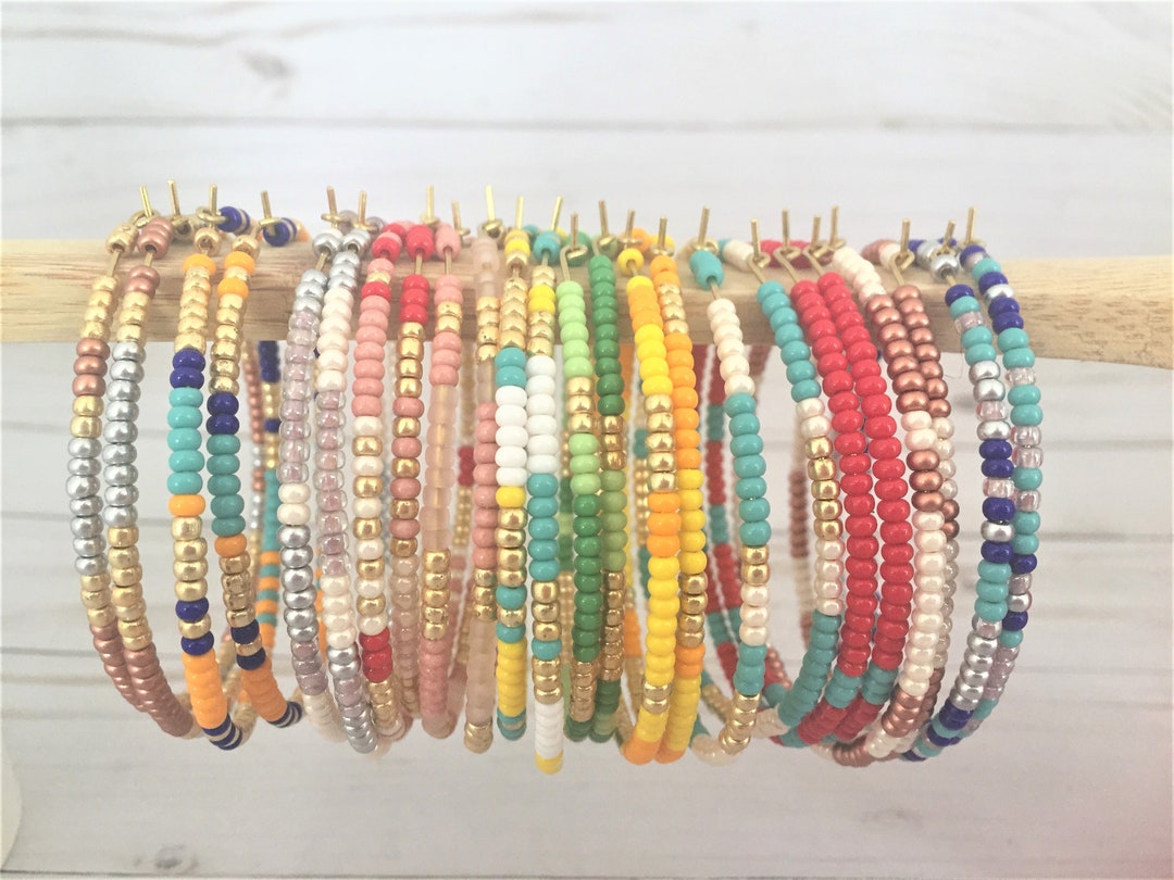 Beaded Hoop Earrings, Bright Colorful Beaded Hoops, Large Boho Hoops ...