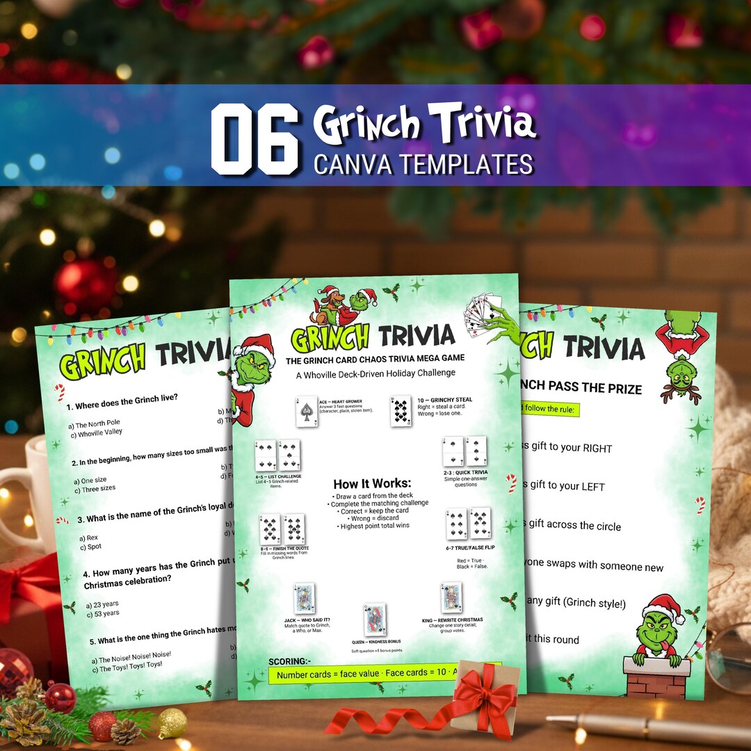 Grinch Trivia Game | Christmas Party, Family Game (CANVA EDITABLE) - Etsy