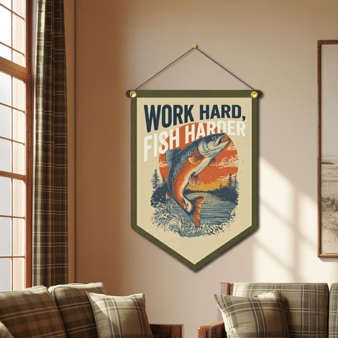 Work Hard, Fish Harder" Wall Flag Rustic Fisherman Decor Vintage ...
