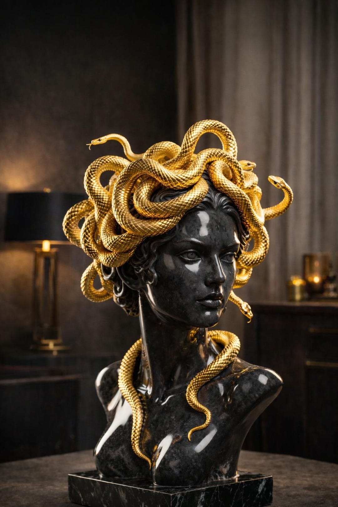 Black Medusa Statue, Gold Snake Bust, Greek Mythology Decor, Dark ...