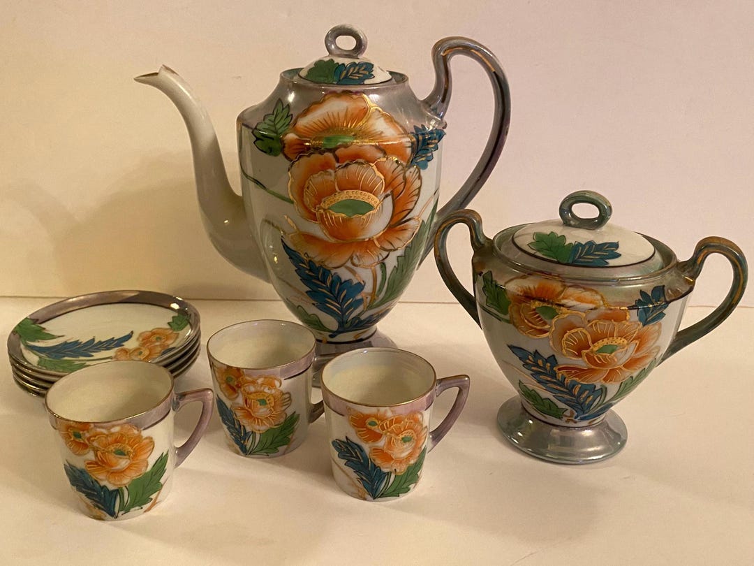 Japanese Orange Floral Teapot With Tea Cups, Saucers & Sugar Vase - Etsy