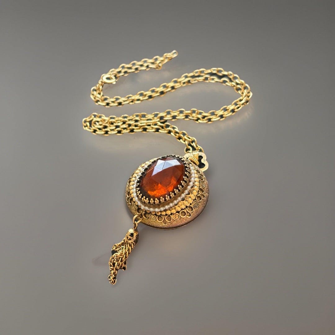 AVON 1972 Vintage Pendant Swiss Movement Watch Necklace Amber Stone ...