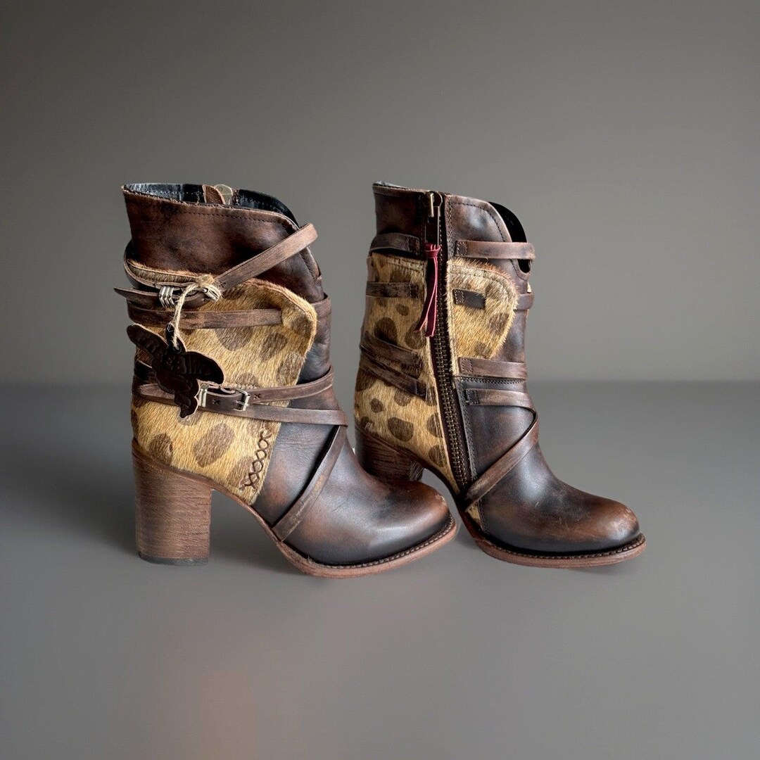 NEW Freebird STEVEN BAKER Zip Boots Brown Leopard Print Pony Hair ...