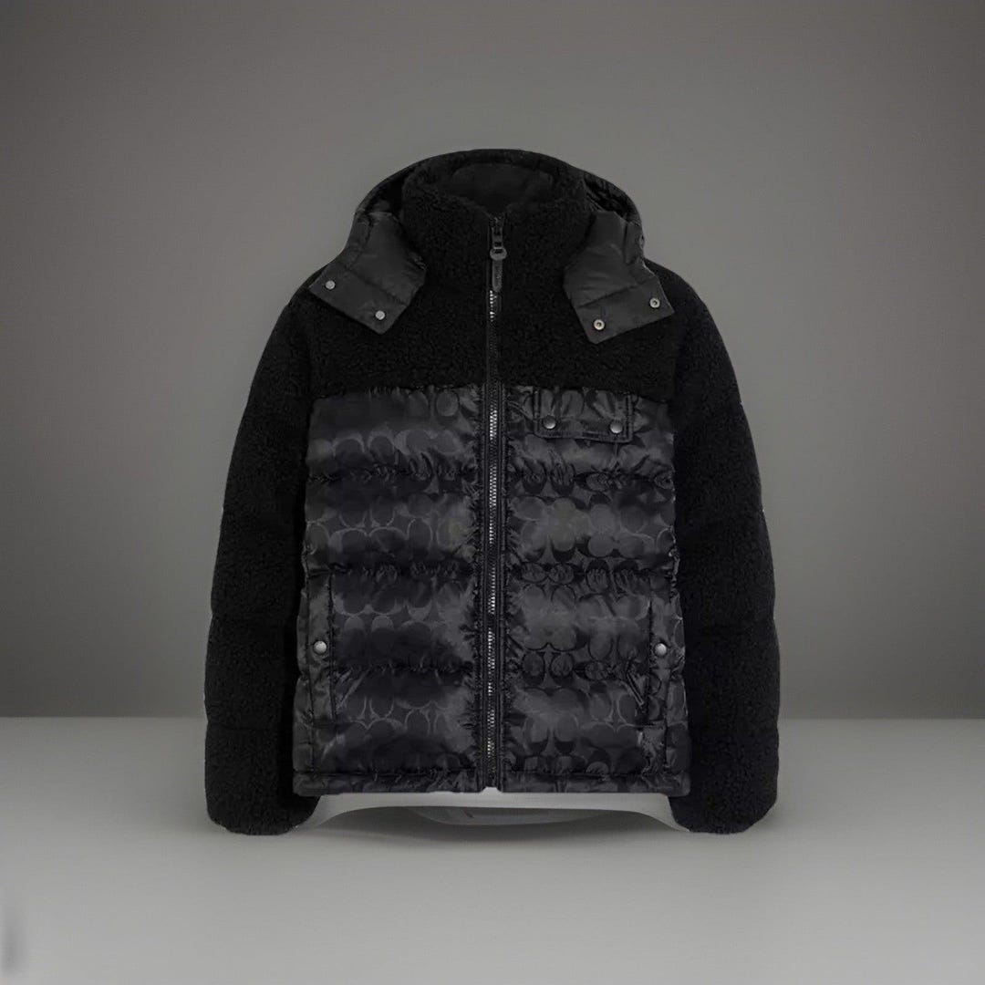 COACH New Runway Sherpa Puffer Coat Jacket Zip Signature Print Blk Size ...