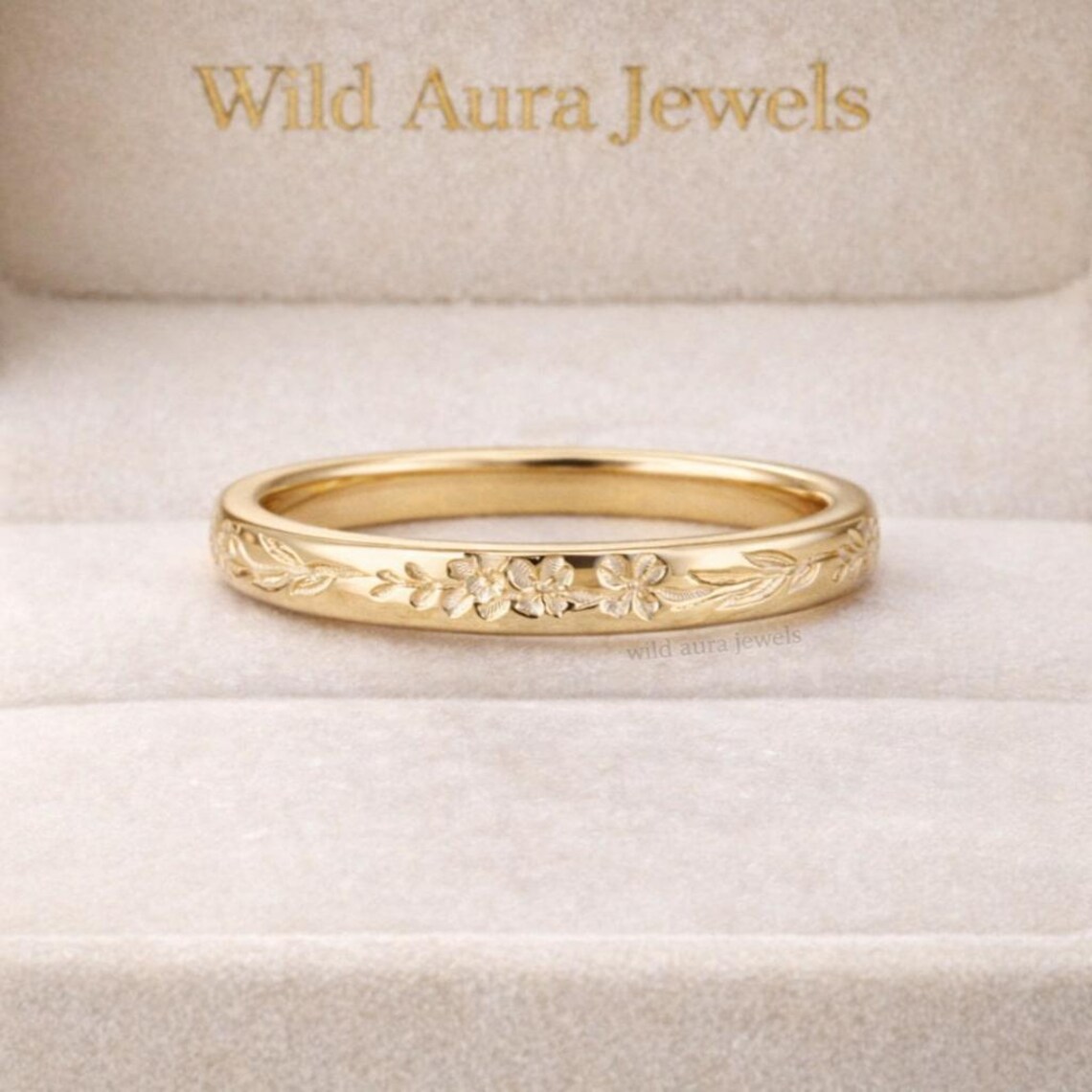 2.2MM Solid Gold Birth Flower Ring Natural Inspired Leaf Wedding Band ...