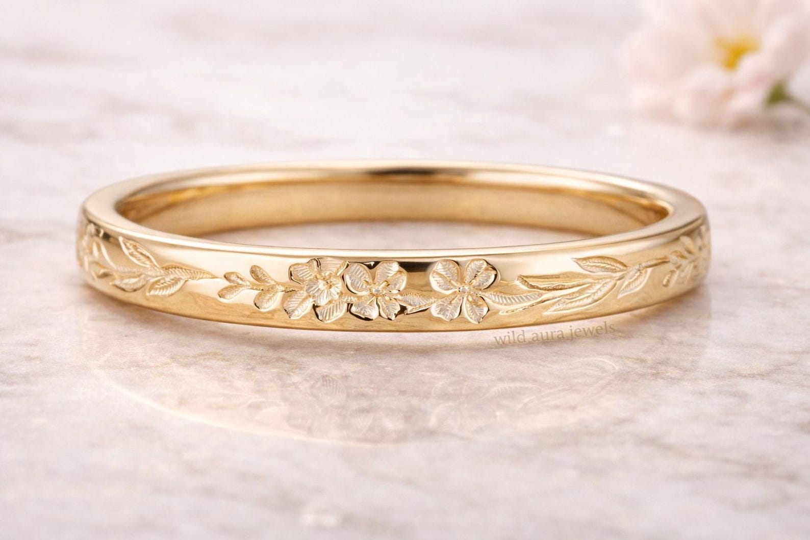 2.2MM Solid Gold Birth Flower Ring Natural Inspired Leaf Wedding Band ...