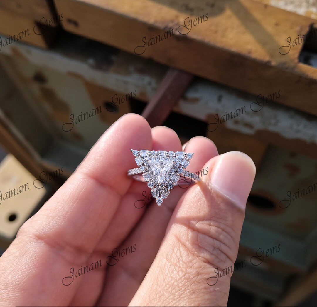 Trillion Cut Engagement Ring, Triangle Halo Ring, Art Deco Geometric ...