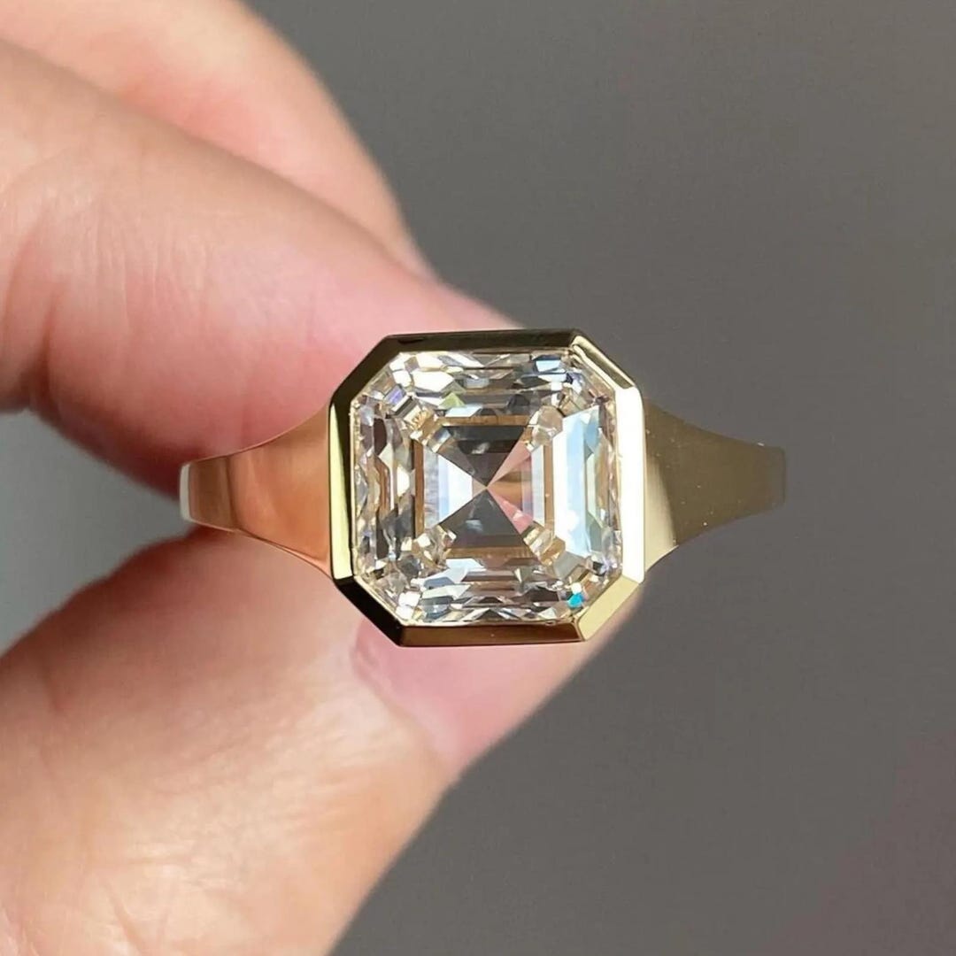 3 CT Asscher Cut Moissanite Full Bezel Set Proposal Ring 14K Gold ...