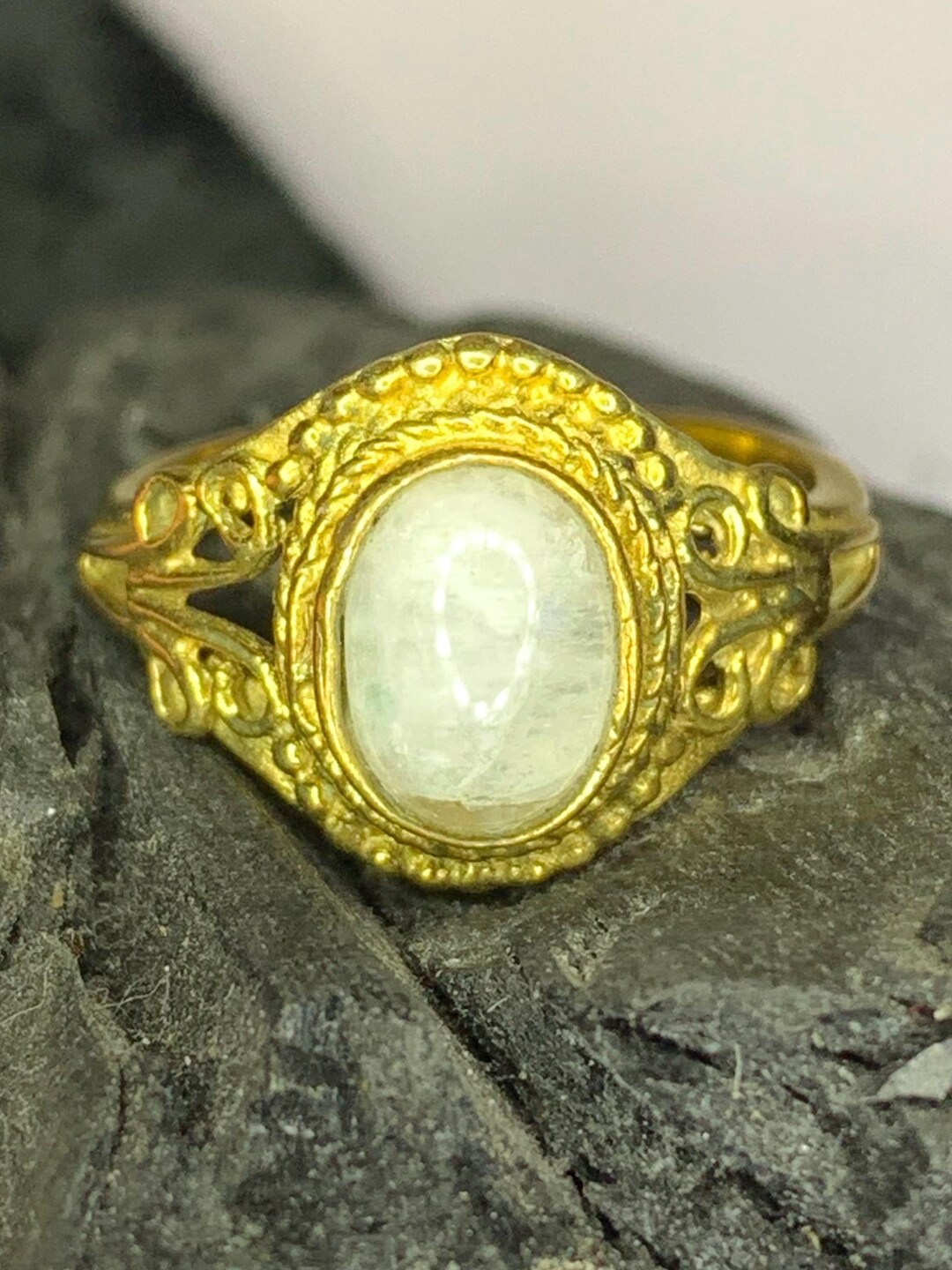 Vintage or Antique- Style Brass Moonstone Ring, Likely Set With an Oval ...
