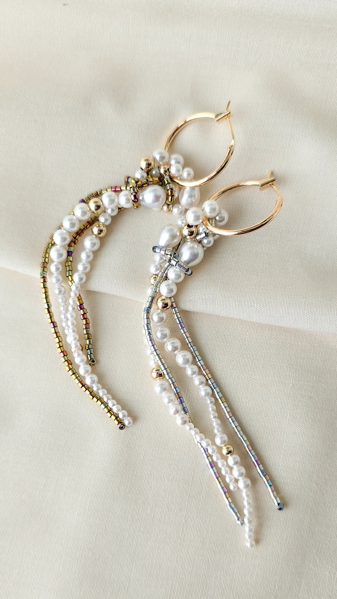 Pearls Hoops, Pearl Tassel Hoops, Pearl Dangles, Gold Small Hoops ...
