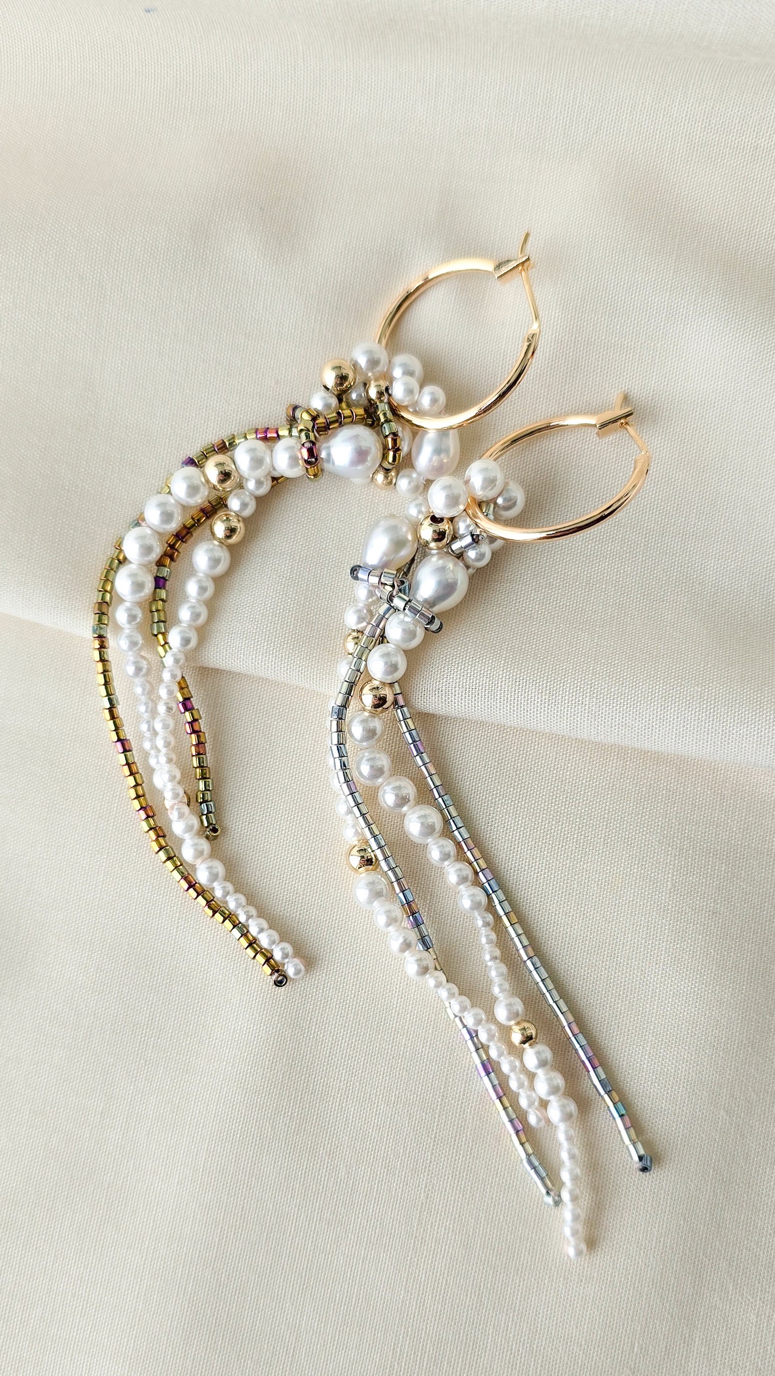 Pearls Hoops, Pearl Tassel Hoops, Pearl Dangles, Gold Small Hoops ...