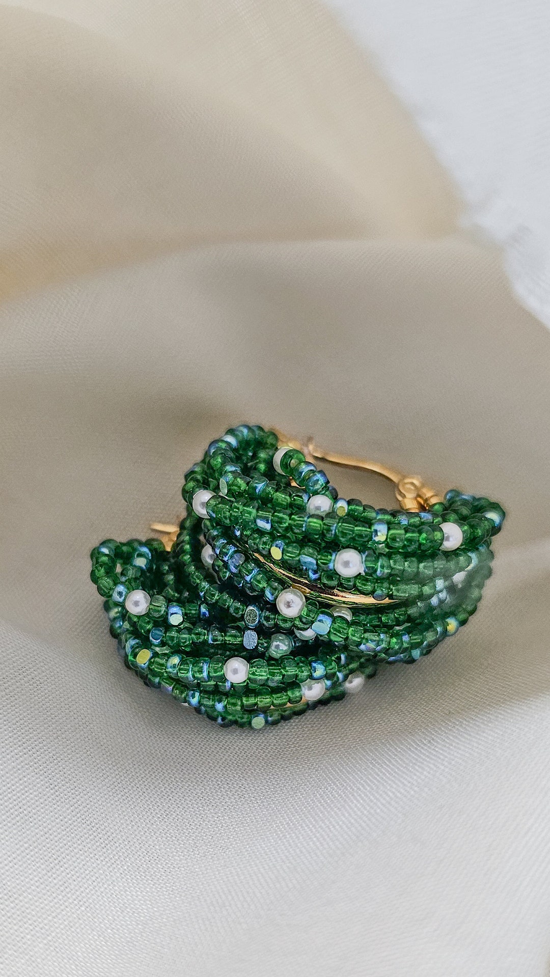 Green Beaded Hoops Pearl Hoops Loop Hoops Small Beaded - Etsy