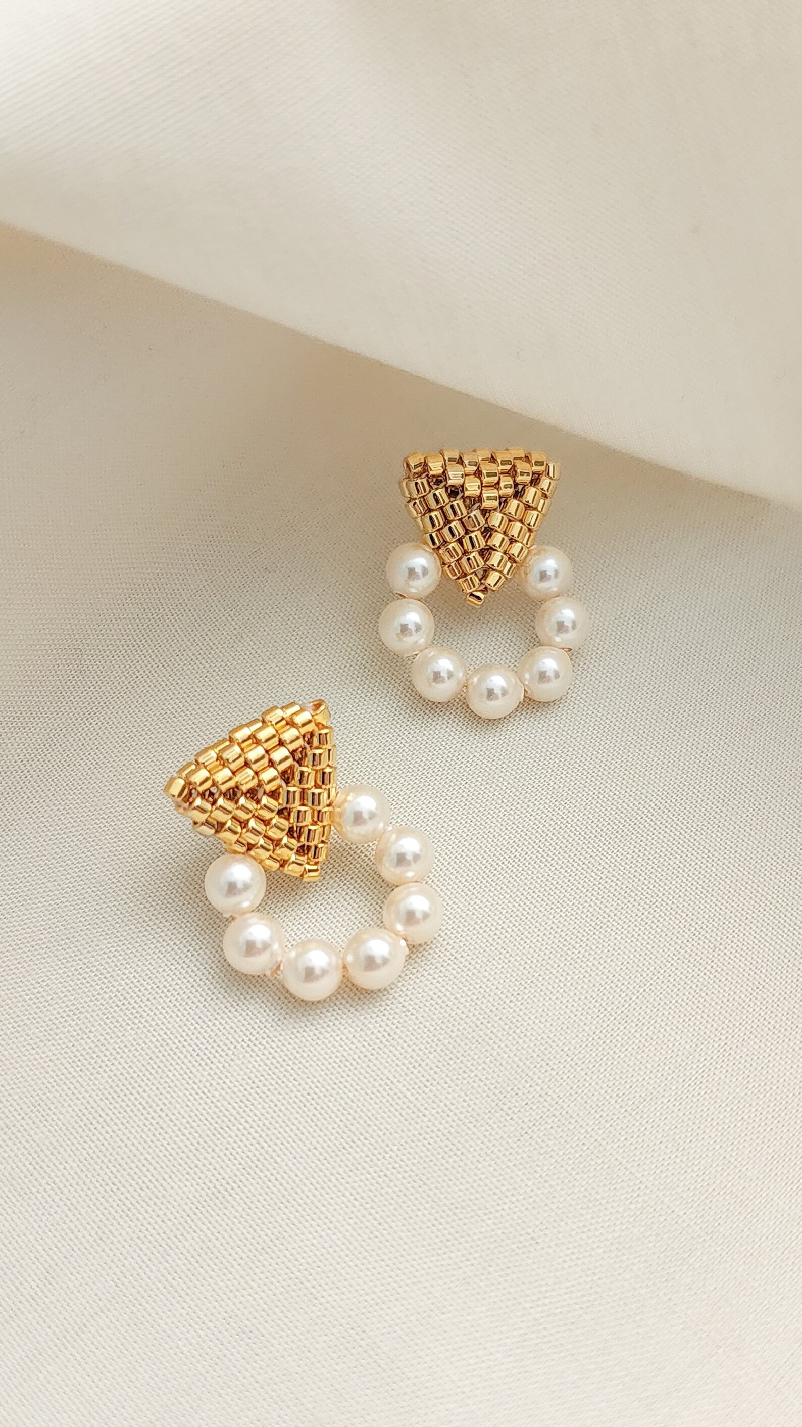 Triangle Studs With Pearl Loop, Gold Triangle Studs, Pearl Earrings ...