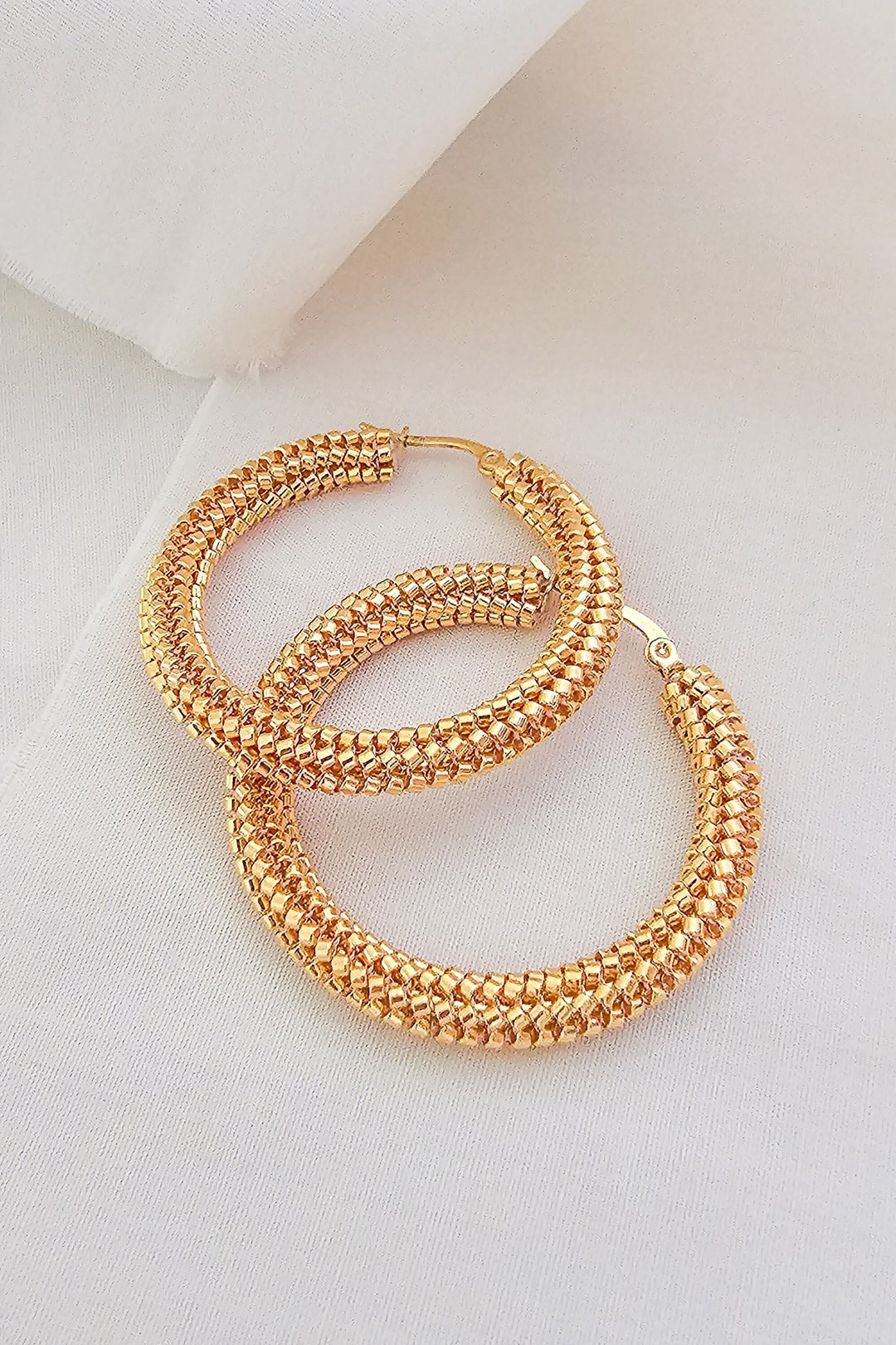 Big Gold Hoops, Gold Beaded Hoops, Gold Earrings, Big Hoops ...