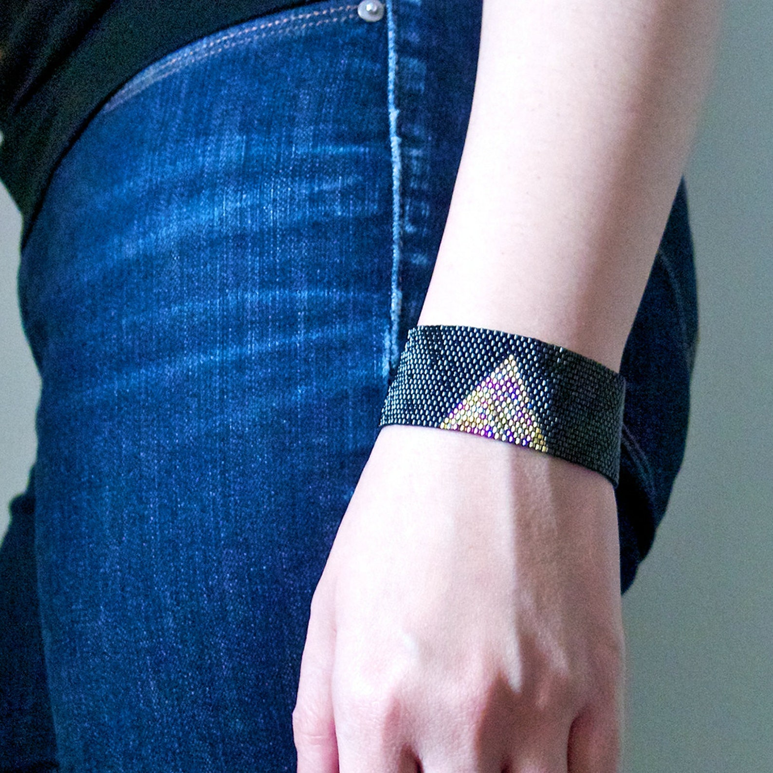 Geometric Black Cuff, Black Triangle Bracelet, Gold Triangle Cuff ...