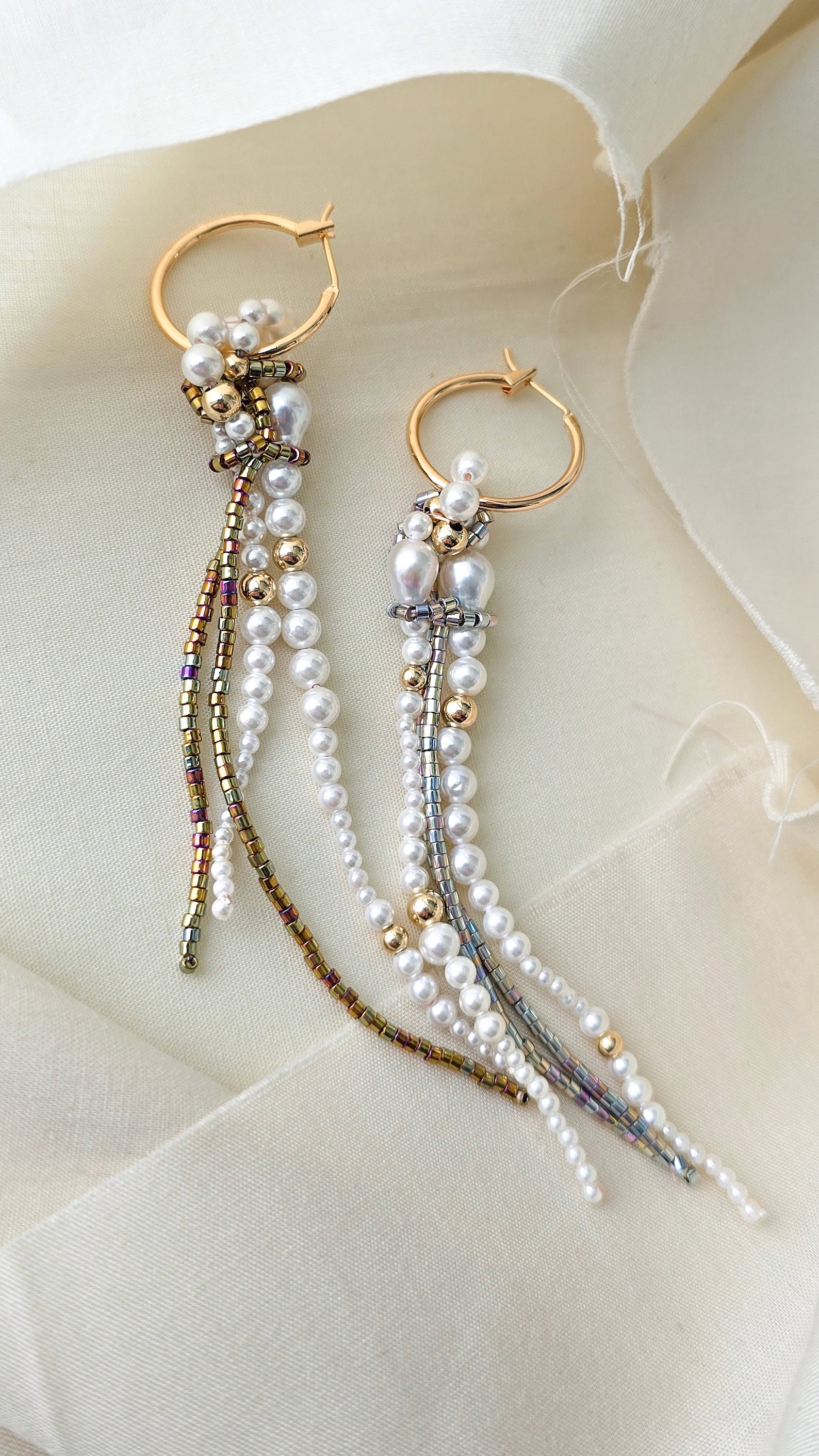 Pearls Hoops, Pearl Tassel Hoops, Pearl Dangles, Gold Small Hoops ...