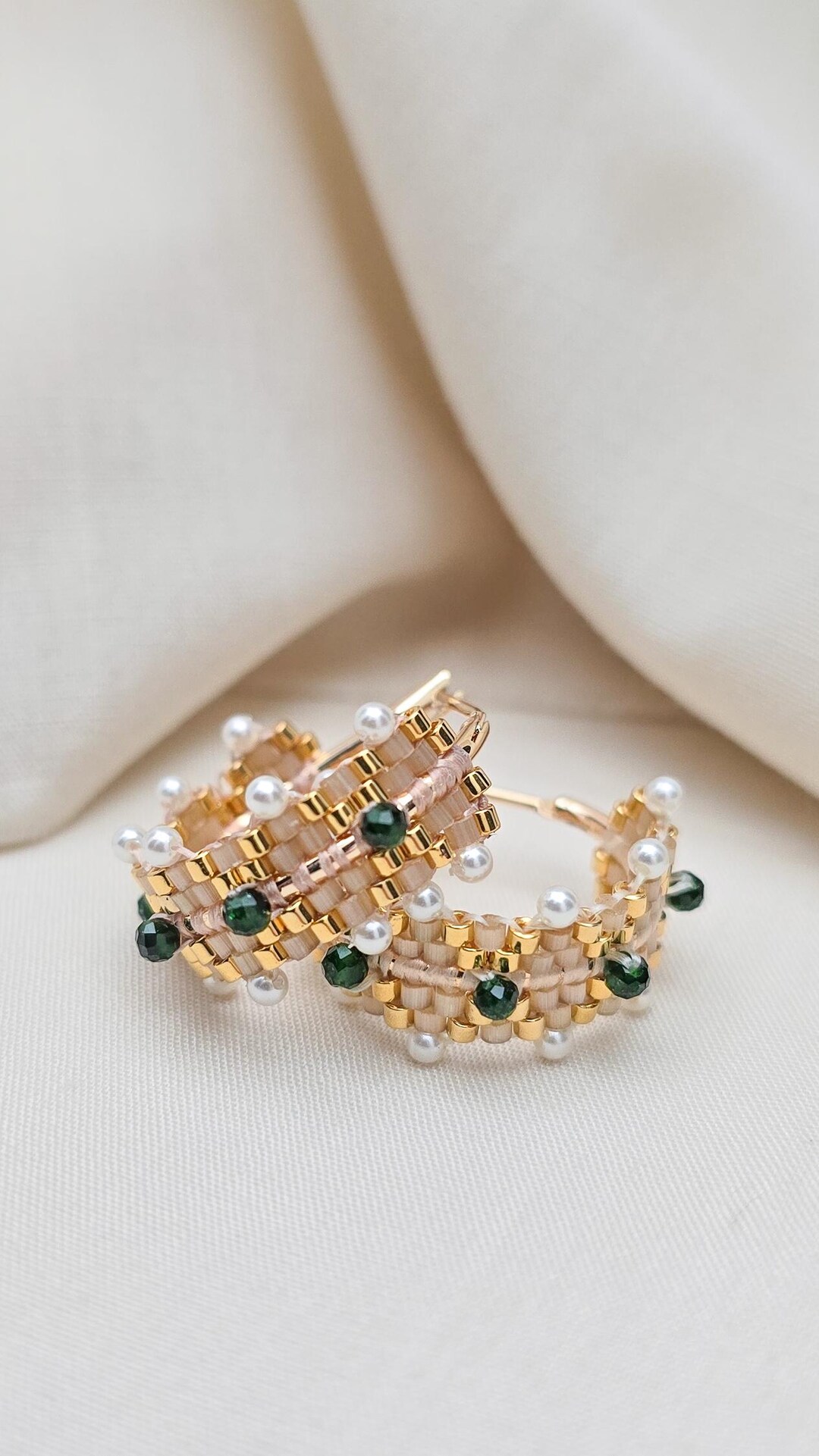 Crown Beaded Small Gold Hoops With Pearls and Emerald Stones - Etsy