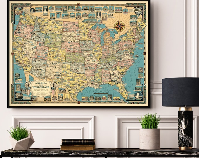 United States Pictorial Map Vintage Map Print on Paper or - Etsy
