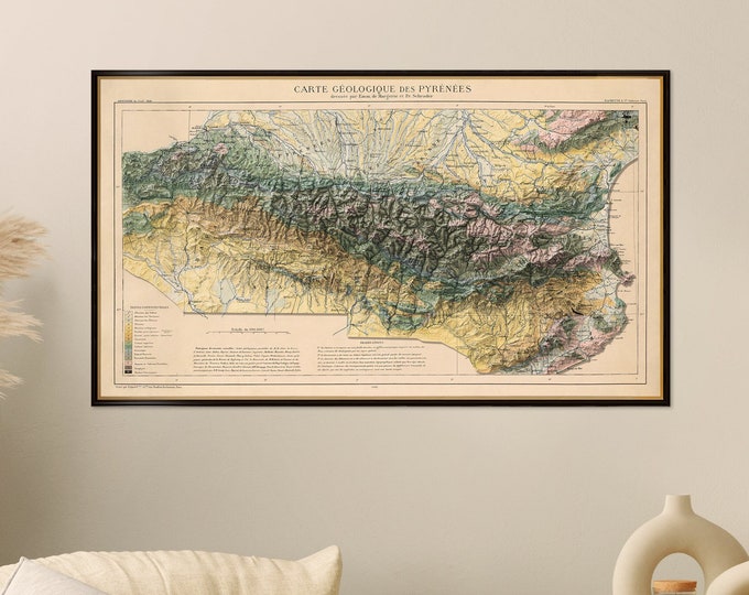 Pyrenees Mountains, Old Geological Map With a Shaded Relief 3D Effect ...