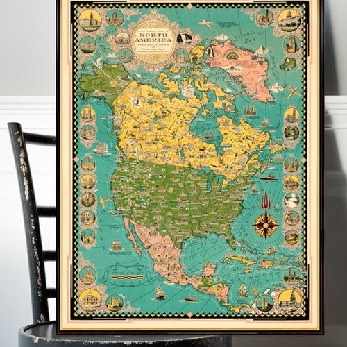 Pictorial Map of North America Wall Map Giclee Print on - Etsy