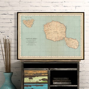 Tahiti Map Decorative Map of Tahiti and Morea, Old Map Restored ...