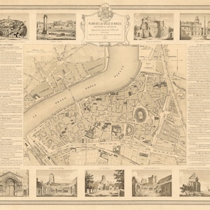 Arles Map - Vintage Style Map of Arles, Illustrated Old City Plan With ...