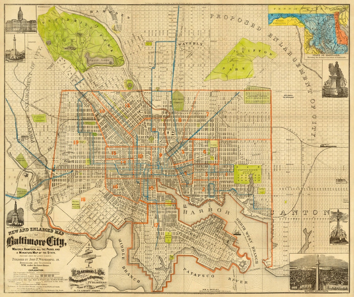 Large Wall Map of Baltimore Detailed Map With Wonderful | Etsy