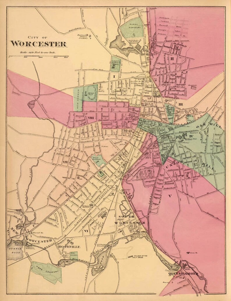 Worcester Map City Map Print Old Map Fine Print on Paper | Etsy
