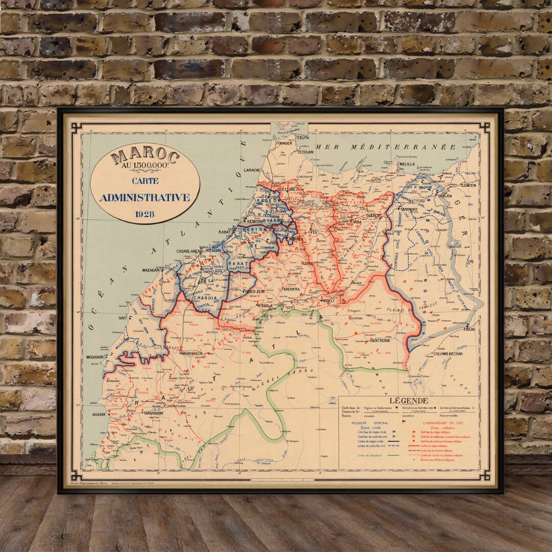 Morocco Map - Old Map Fine Print - Maroc Carte Administrative, Wall Map ...