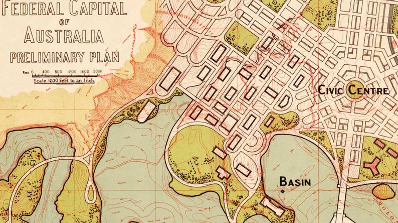 Canberra Map - Old Map of Canberra Archival Print, Retro Poster Map ...