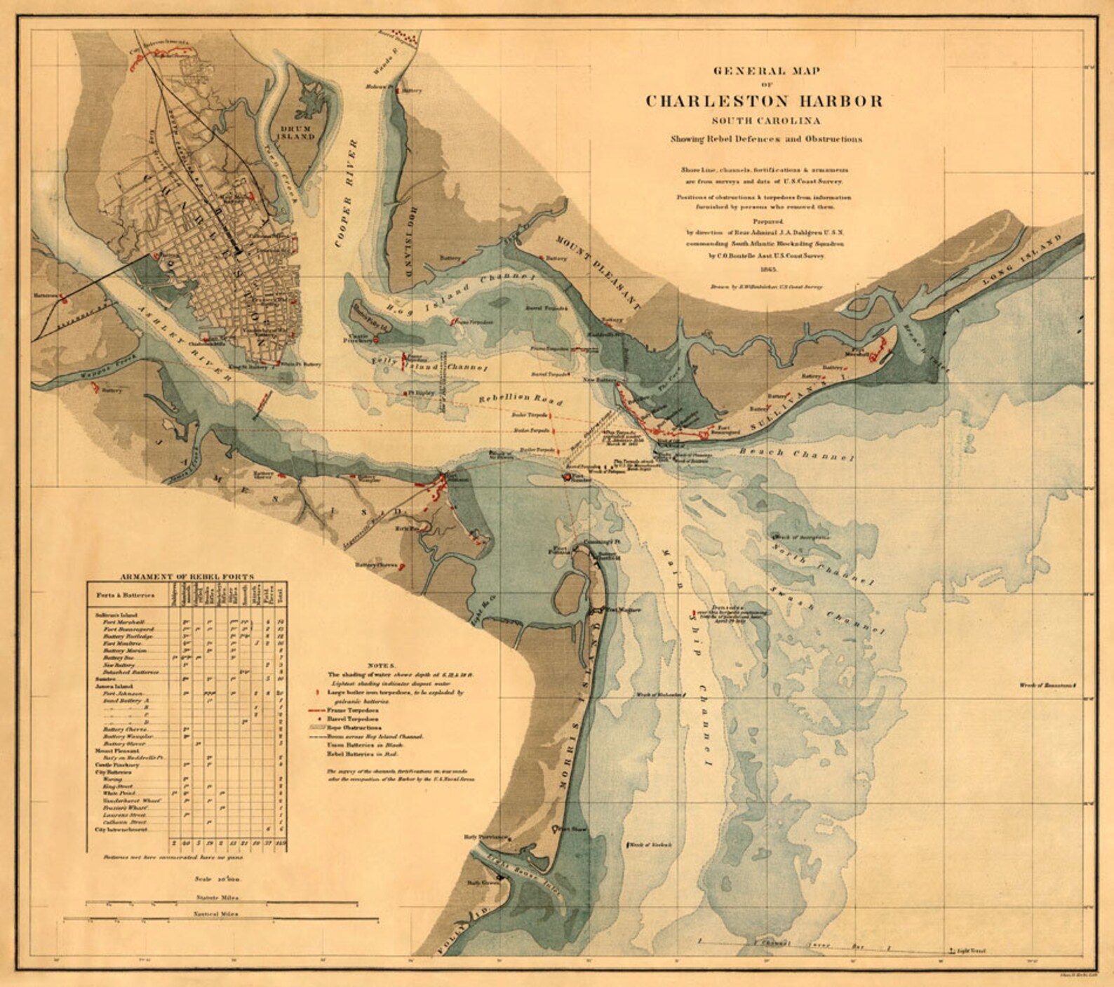Charleston Harbor Map Showing Rebel Defences Wall Map | Etsy