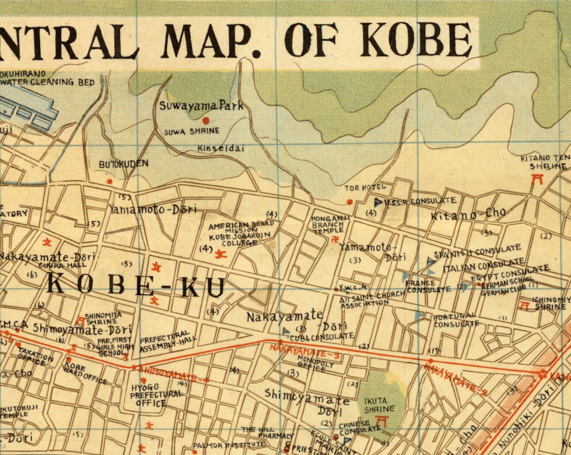 Vintage Map of Kobe Large Wall Map Fine Print - Etsy