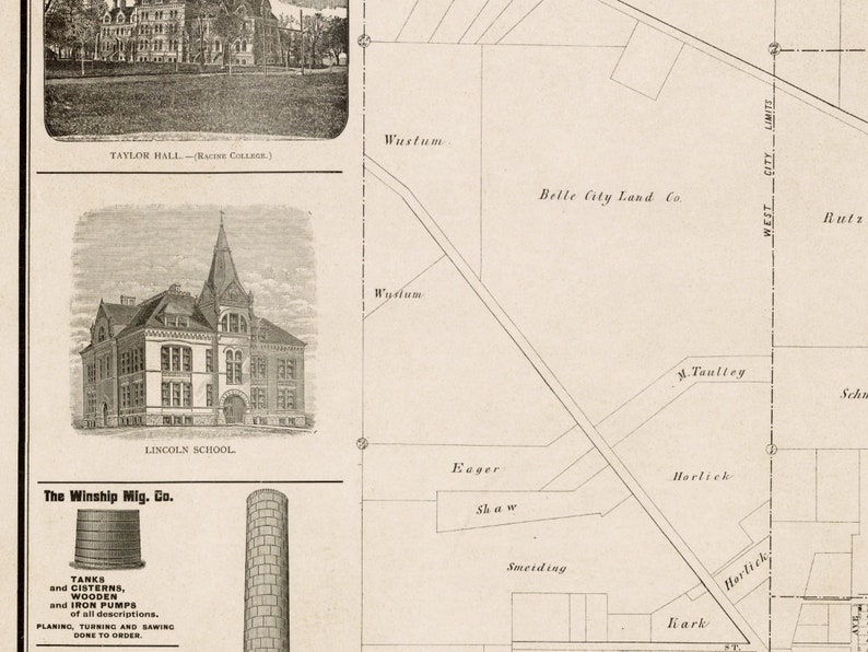 Old City Plan of Racine Old Map of Racine Restored Map | Etsy