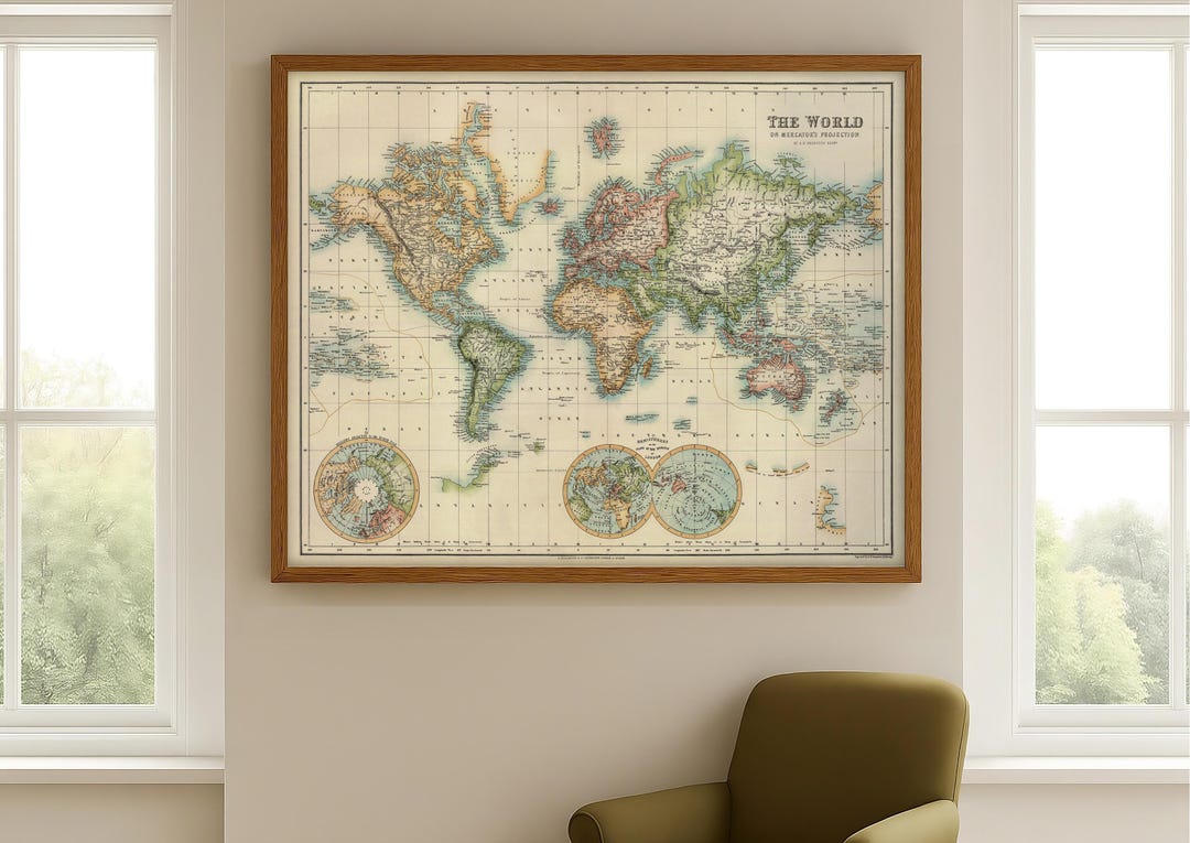 World Map | Antique Mercator Projection With Polar Insets | Vintage ...