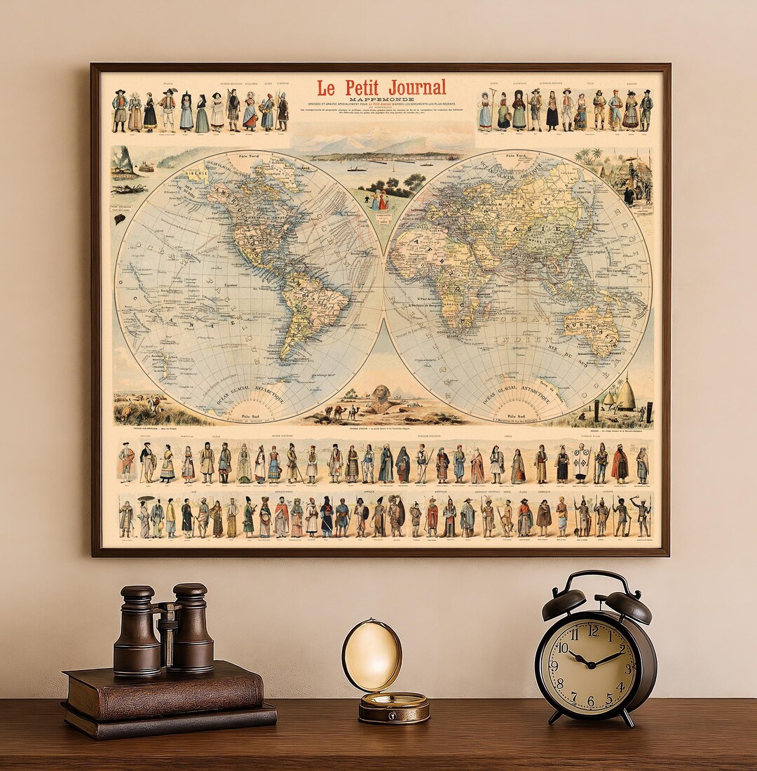 Pictorial Map of the World | Vintage Double‑hemisphere World Geography ...