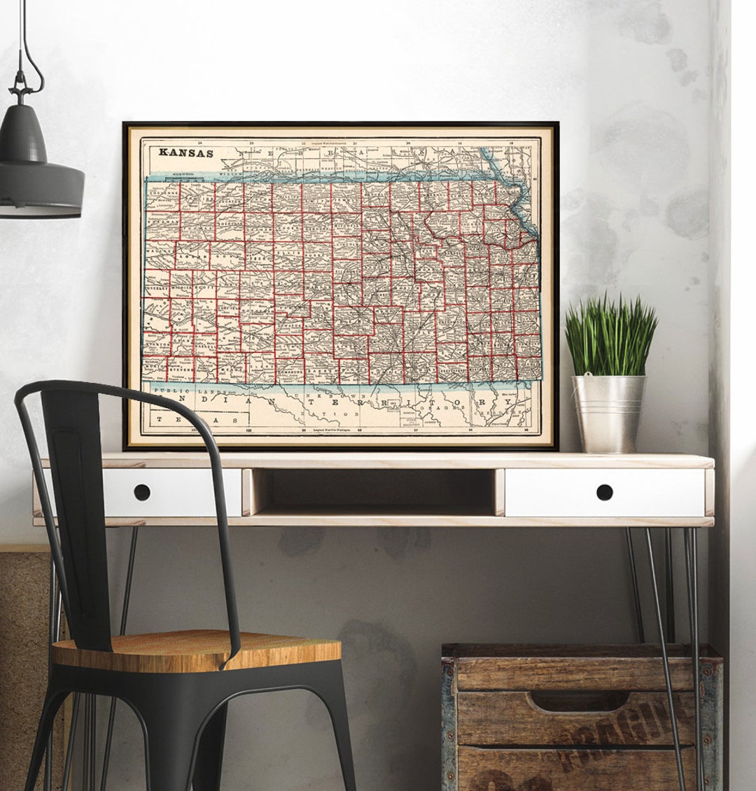 Kansas Map - Old Map of Kansas, Wall Map Reproduction, Print on Paper ...