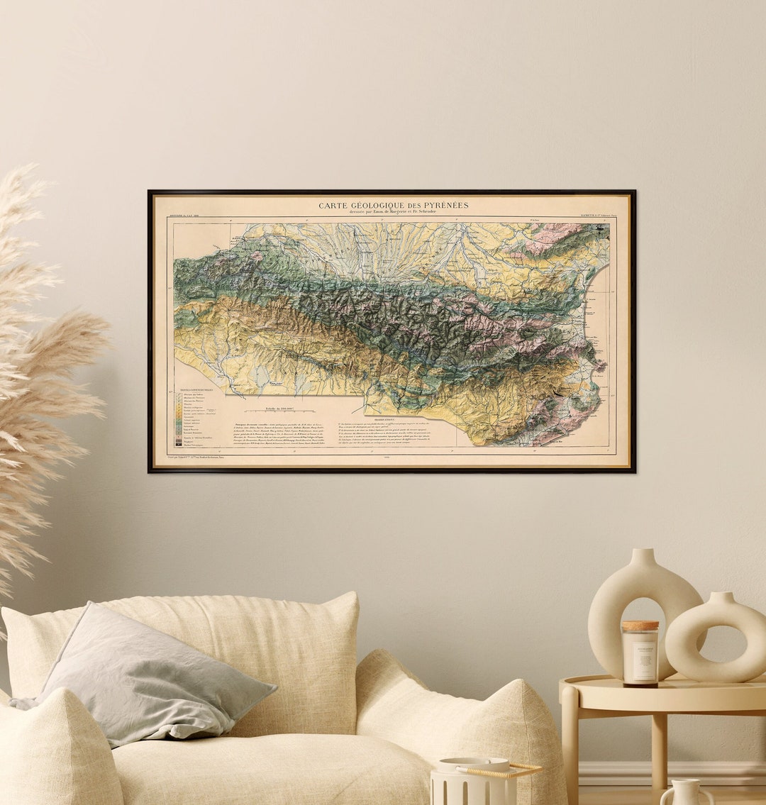 Pyrenees Mountains, Old Geological Map With a Shaded Relief 3D Effect ...