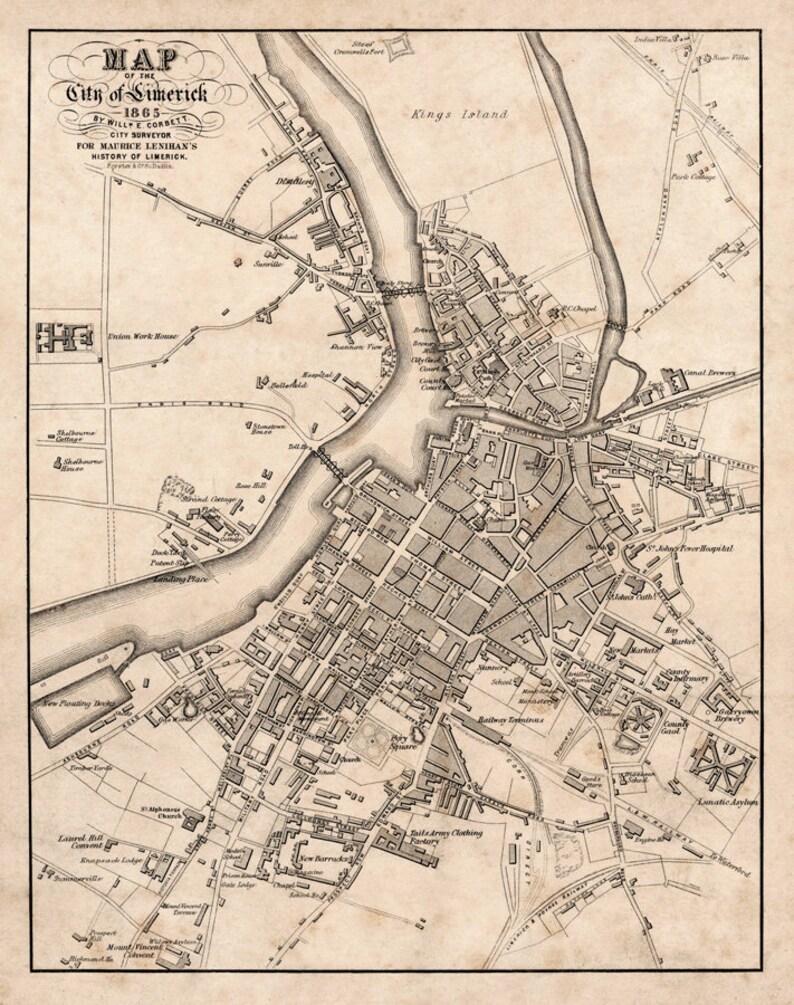 Limerick map Old map of Limerick Fine archival print on | Etsy