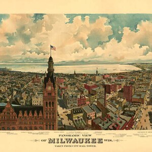 Milwaukee Poster , Panoramic View - Vintage Panoramic Map of Milwaukee ...
