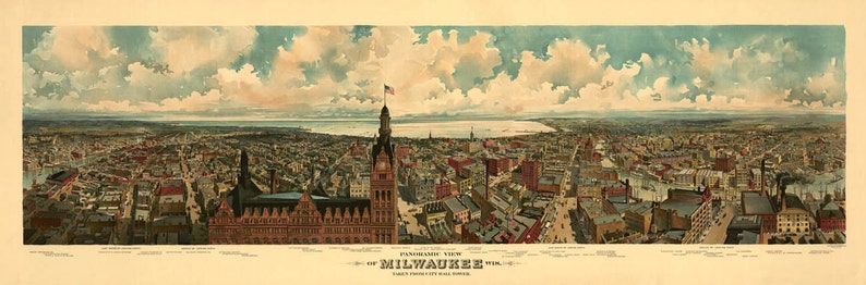 Milwaukee Poster , Panoramic View - Vintage Panoramic Map of Milwaukee ...